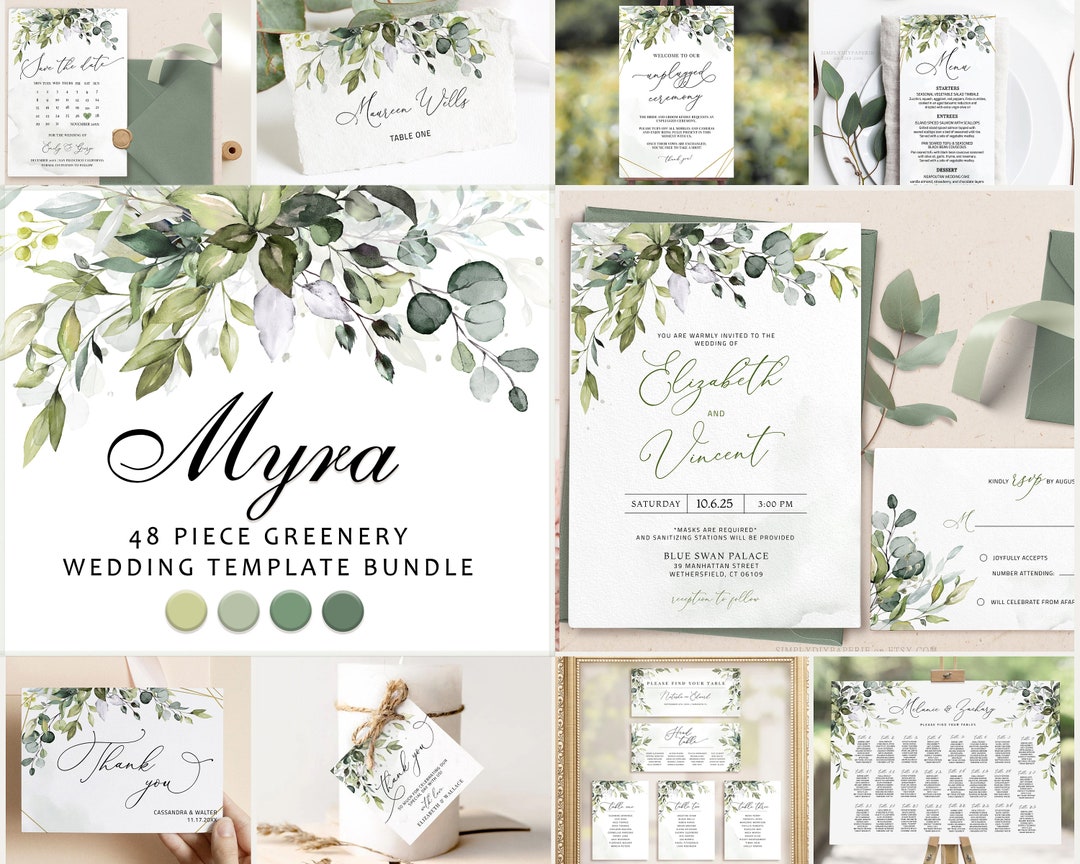 MYRA Greenery Wedding Invitation Template Bundle Wedding - Etsy
