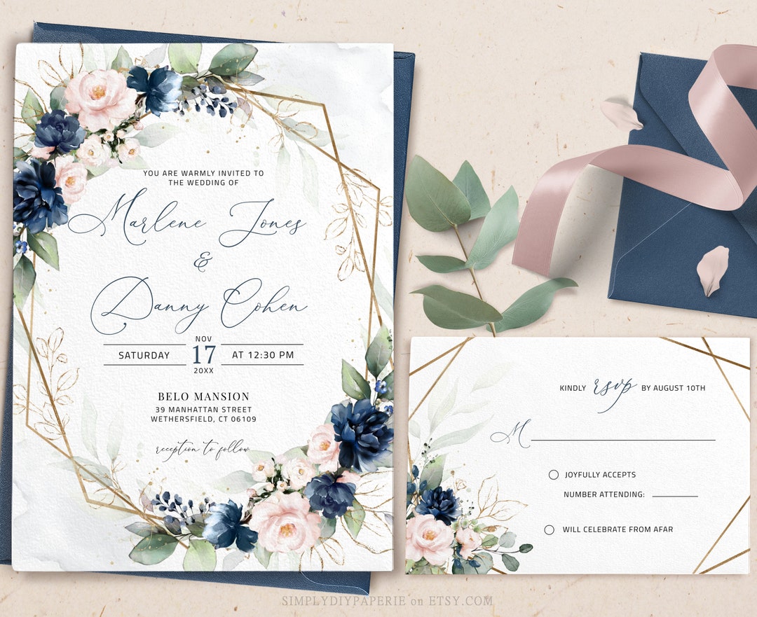 Navy Wedding Invitation Template, Blush and Navy Invitation, Geometric ...
