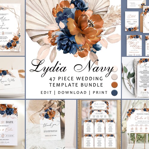 Rust Orange Wedding Invitation Template Download Navy and - Etsy