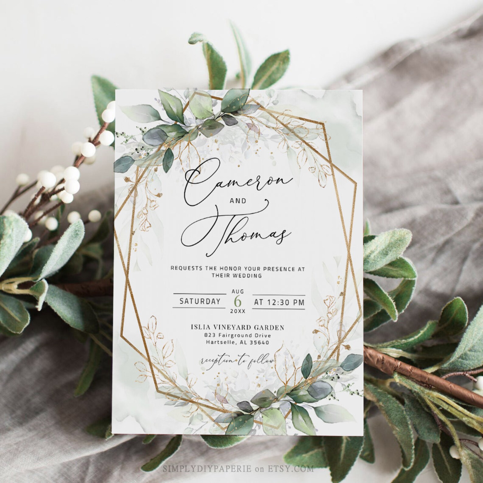 Sage and Gold Wedding Invitation Template Download Eucalyptus | Etsy