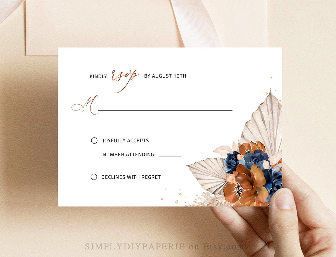 Rust Orange Wedding Invitation Template Download Navy and - Etsy