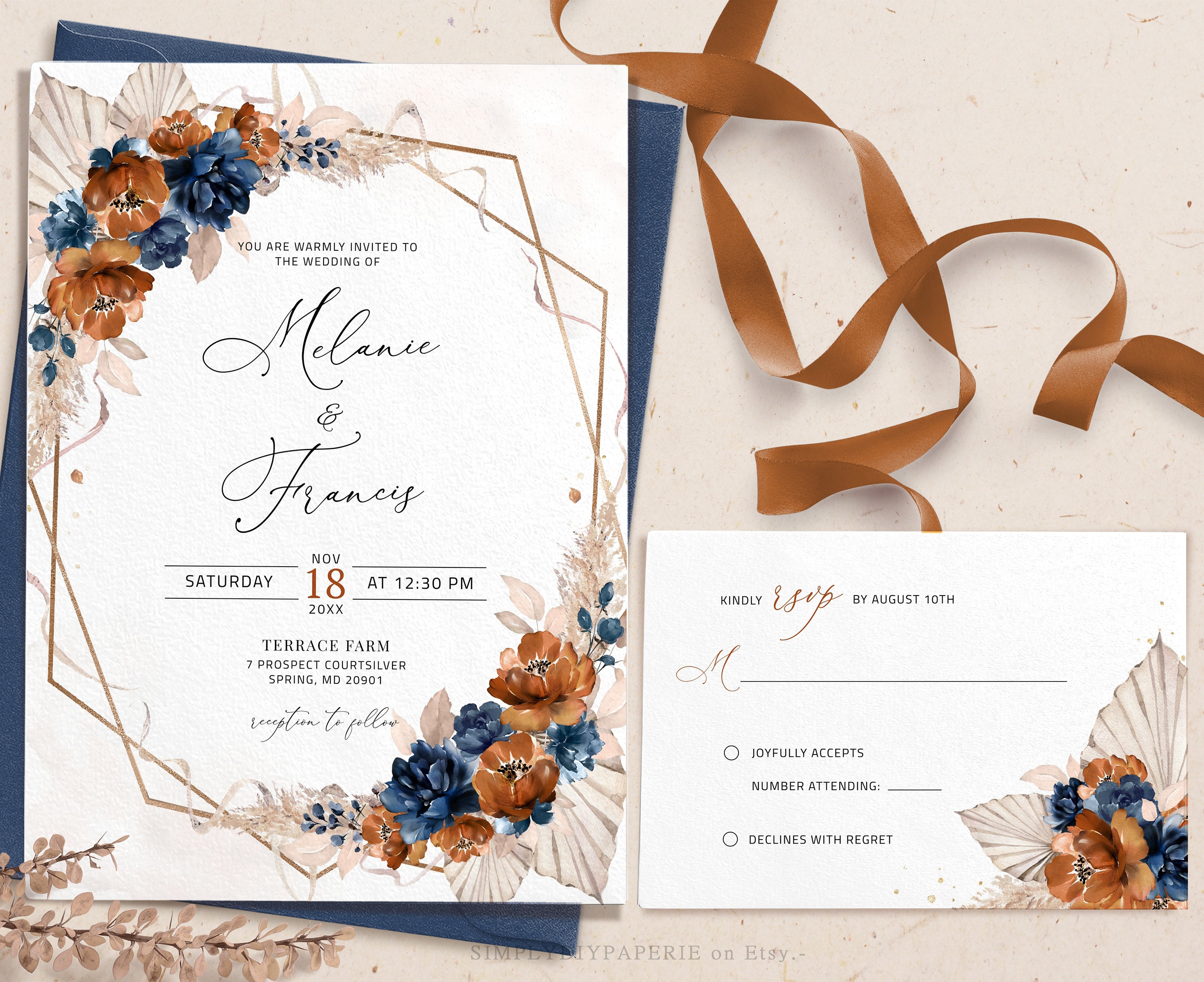 Rust Orange Wedding Invitation Template Download Navy and - Etsy