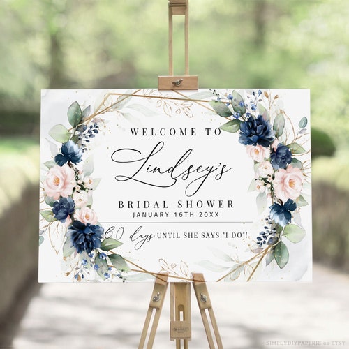 Navy Blush Floral Bridal Shower Welcome Sign Navy Rose Gold - Etsy