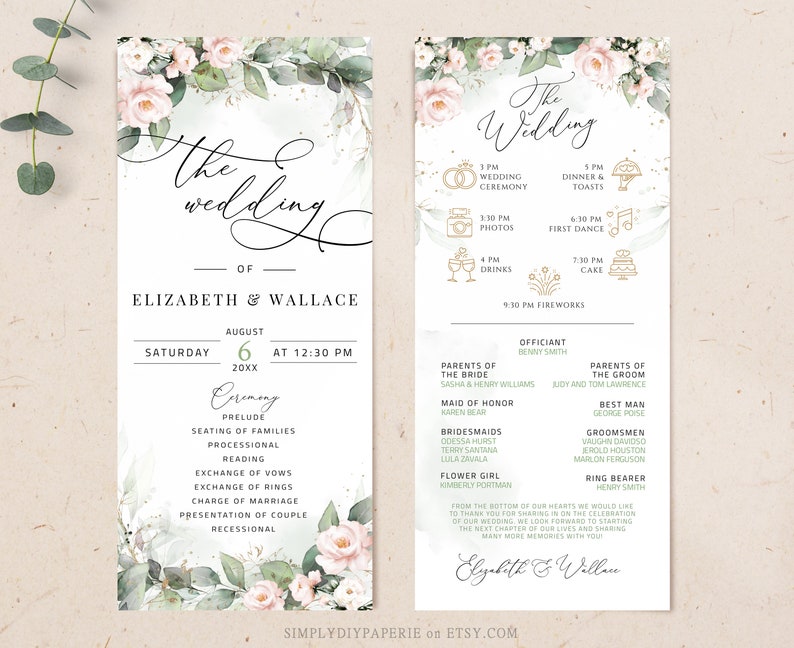 Wedding Program Template Blush Wedding Pink Floral Program | Etsy