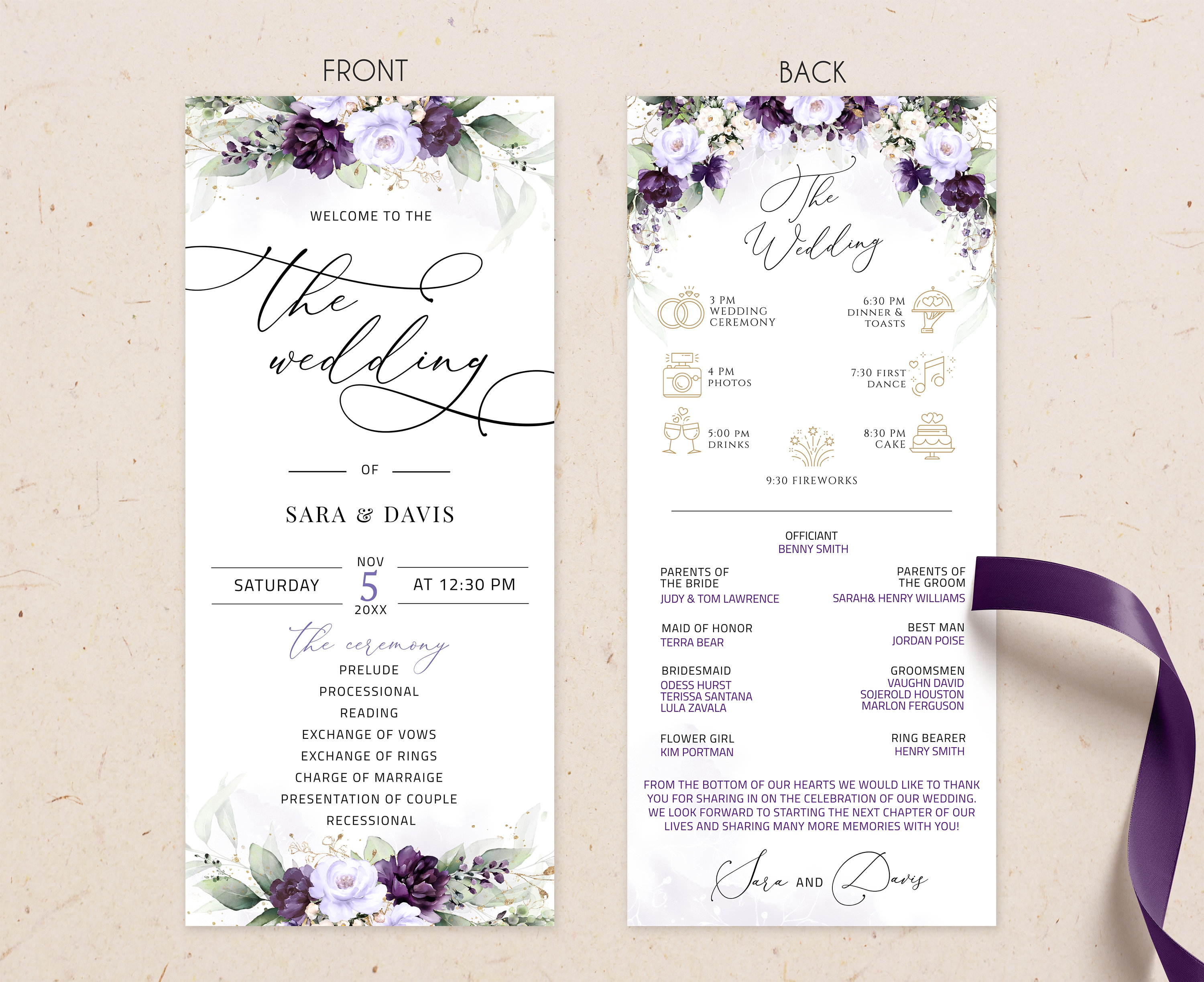 Purple Floral Wedding Program Template Download Editable | Etsy