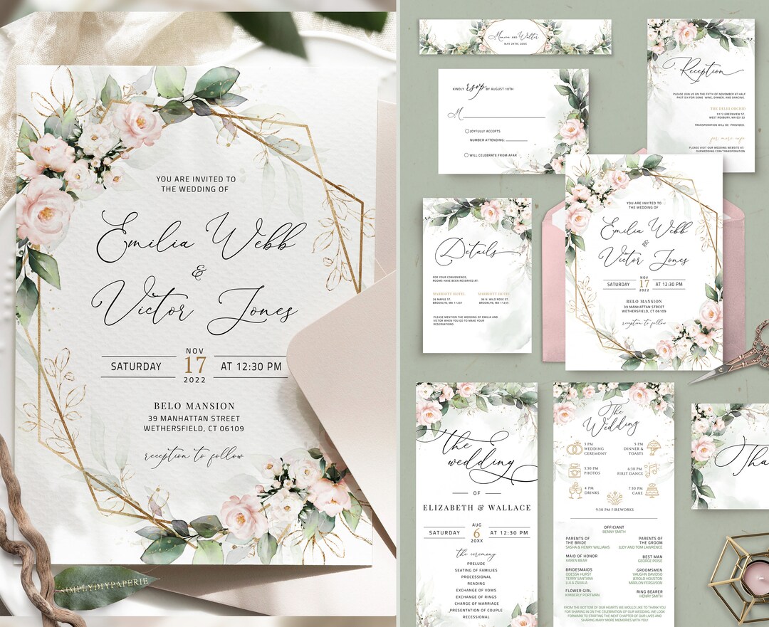 Blush Floral Wedding Invitation Template, Greenery Wedding Invite ...