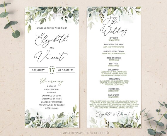 Greenery Wedding Program Template With Icons Wedding Schedule - Etsy