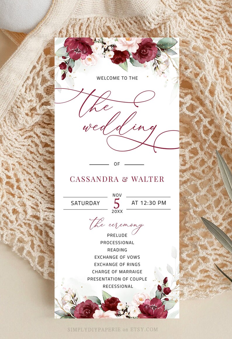 Burgundy Wedding Program Template Blush and Burgundy Wedding - Etsy
