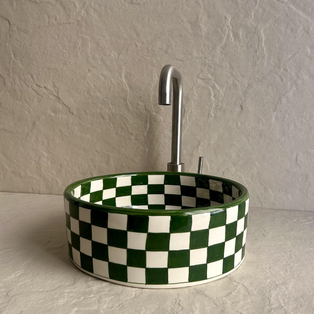 Green Checkerboard Moroccan Ceramic Vessel Sink, Handcrafted Bathroom ...
