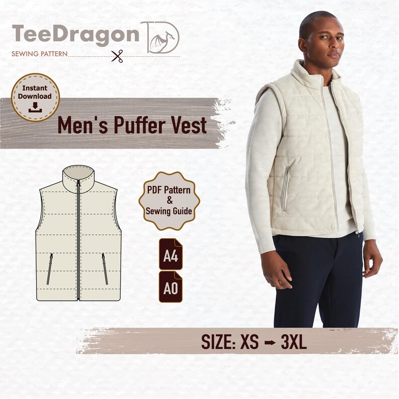 Men's Puffer Vest Sewing Pattern PDF | DIY Vest Pattern | Jacket Sewing ...