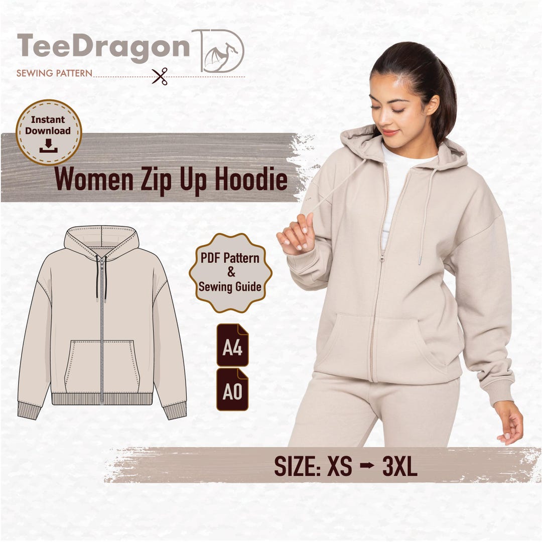 Zip up Hoodie Sewing Pattern PDF | Women's Sweatshirt Pattern | DIY ...