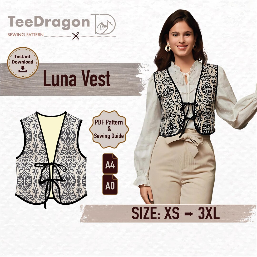 Luna Vest Sewing Pattern | PDF Tie Front Vest Pattern | Women's Vest ...