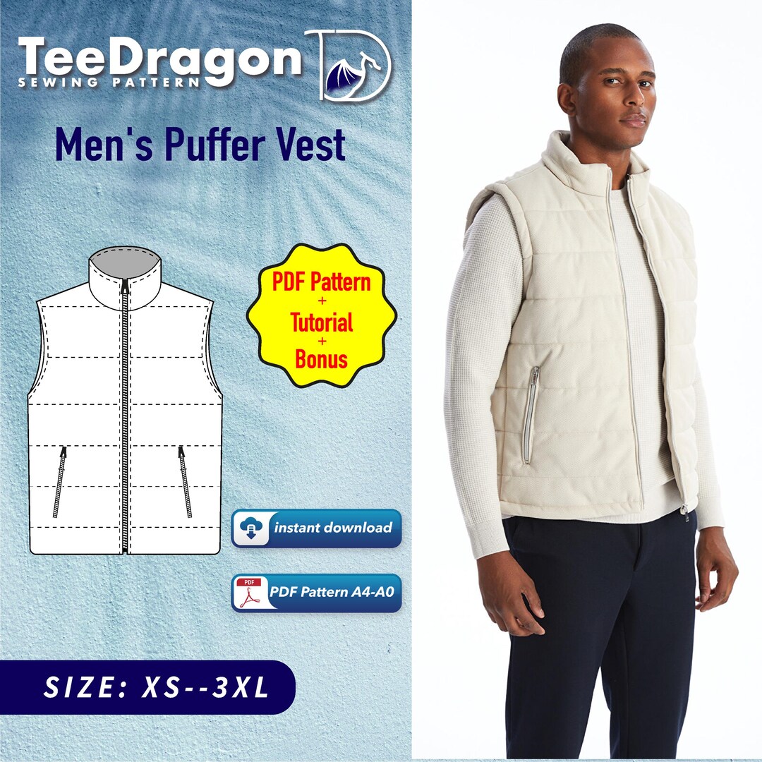 Men's Puffer Vest Sewing Pattern PDF DIY Vest Pattern Jacket Sewing ...