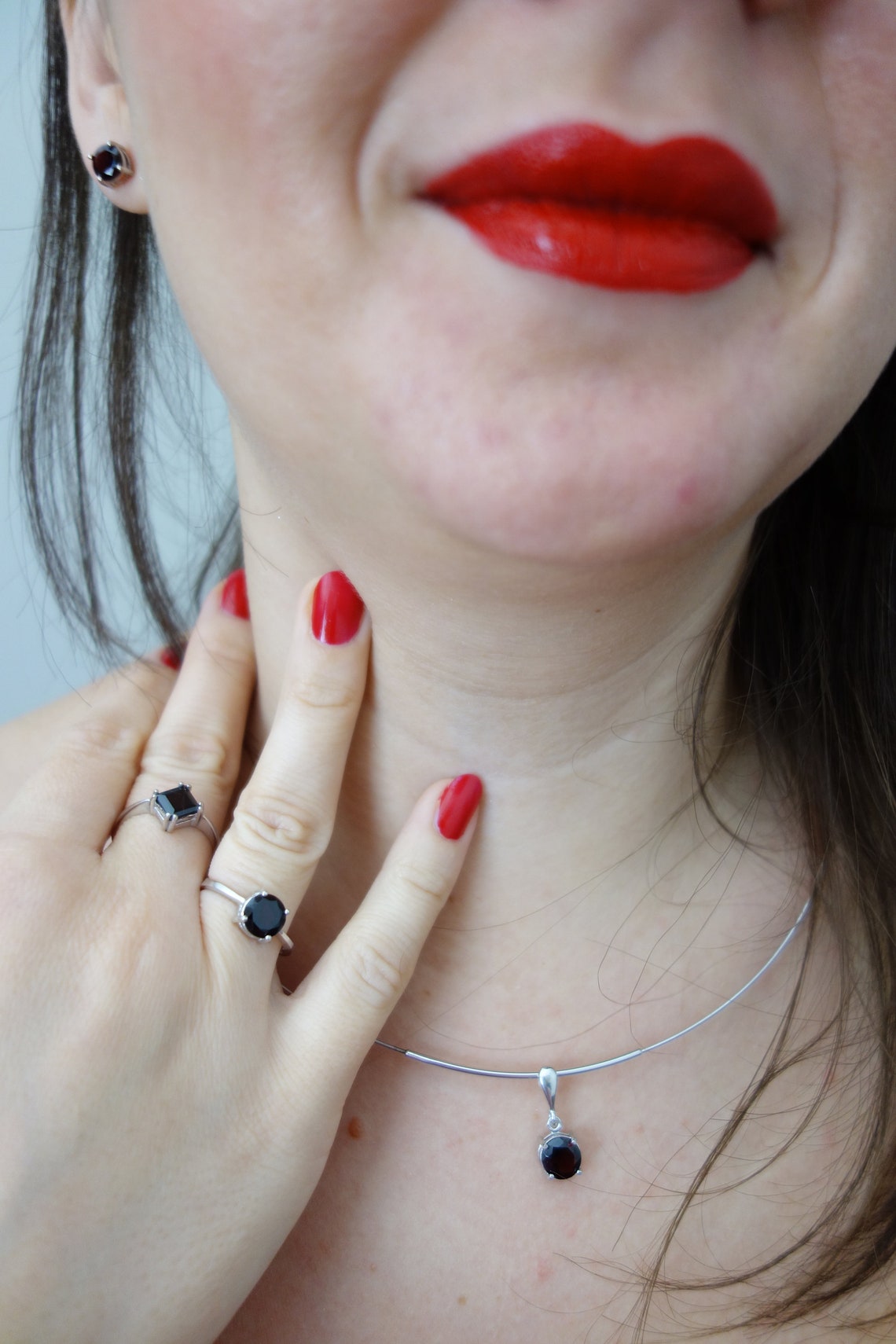 Women's silver natural square garnet ring Czech pyrope | Etsy