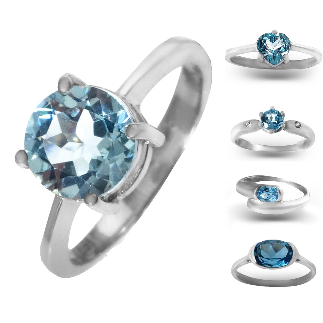 Silver Rings With Blue Topaz in Shades Sky Blue and Swiss Blue, Heart ...