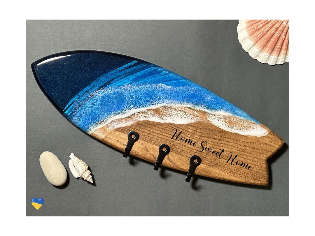 Personalized Surfboard Oak Small Key Holder for Wall, Beach Resin Wood ...