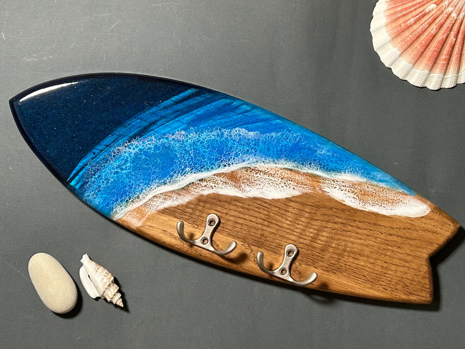 Personalized Surfboard Oak Small Key Holder for Wall, Beach Resin Wood ...