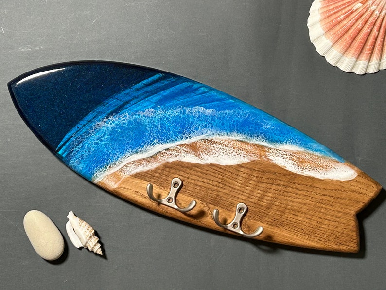 Personalized Surfboard Oak Small Key Holder for Wall, Beach Resin Wood ...