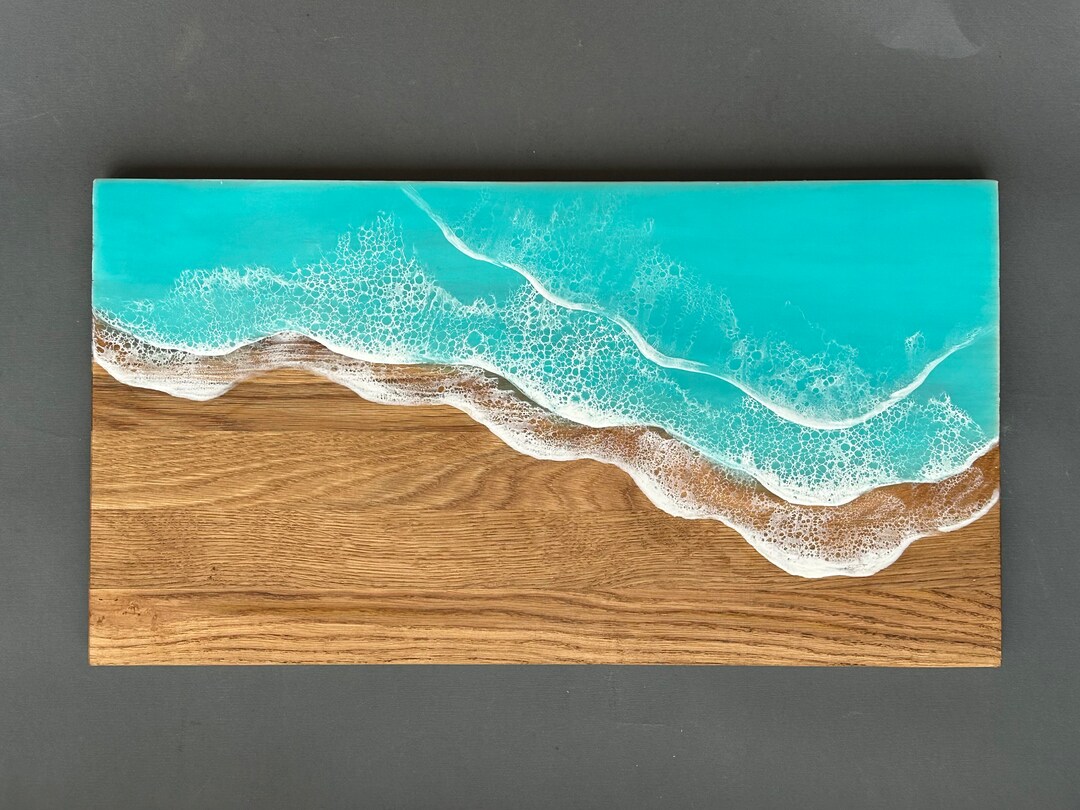 22" Ocean Wooden Resin Cutting Charcuterie Board Ocean Waves Wall Art ...