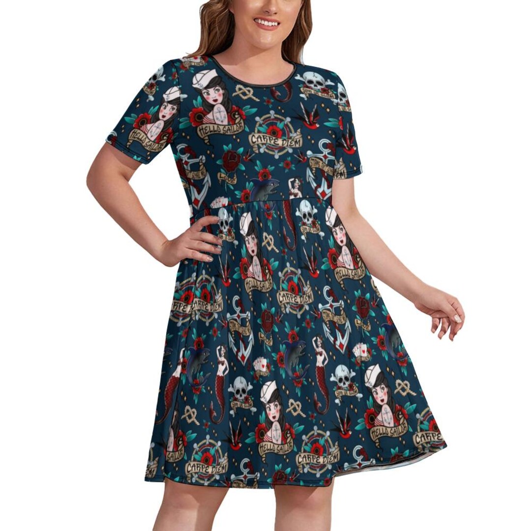 Retro Rockabilly Mermaid Tattoo Short Sleeve Plus Size Dress L- 4XL - Etsy