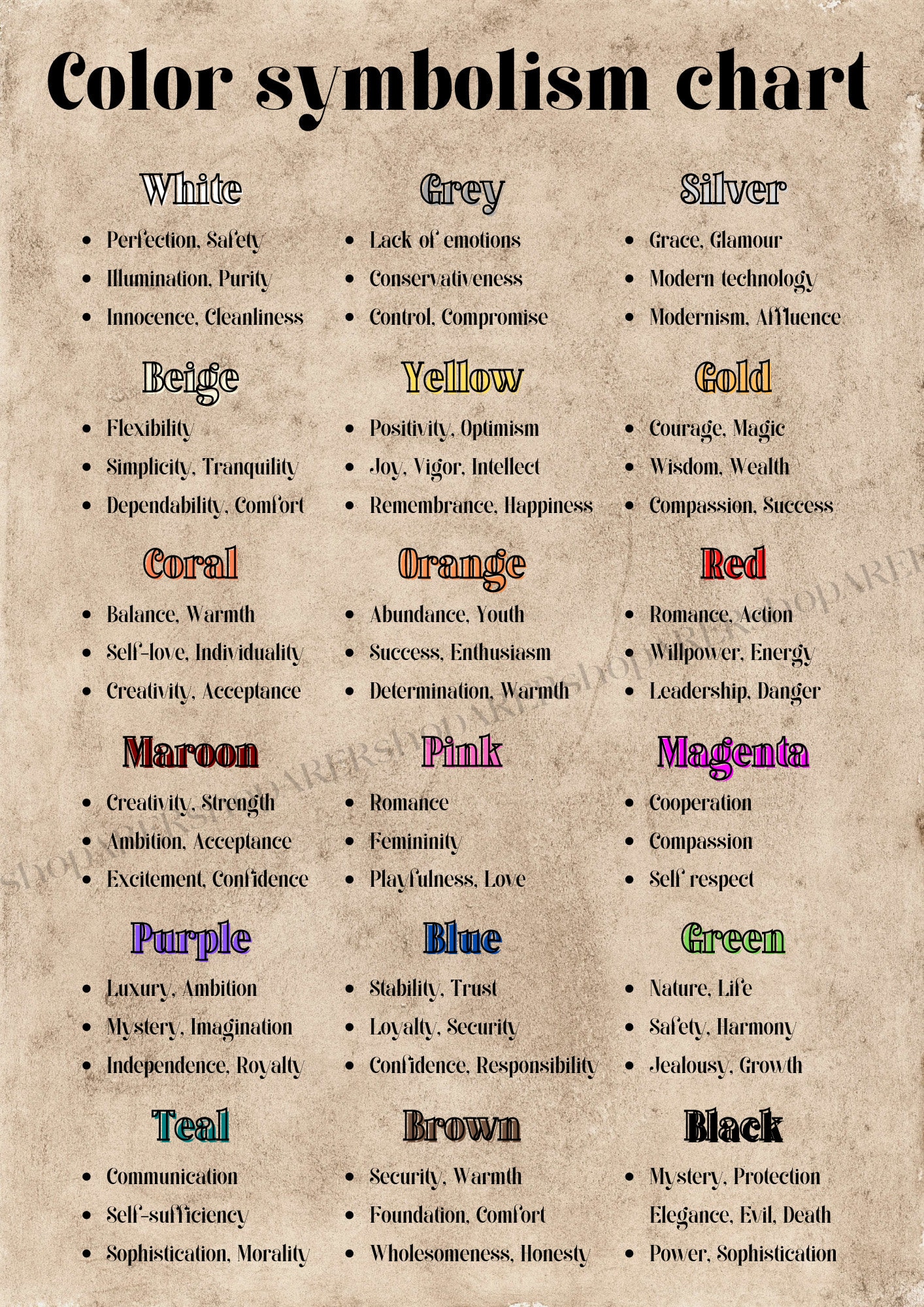 Color Symbolism Chart Printable | Witchery | Printable Book of Shadows ...