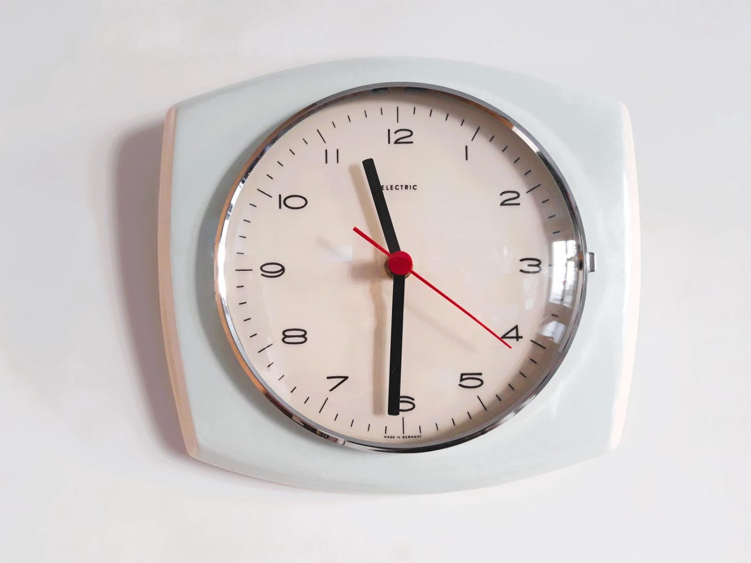 Light Blue MCM Ceramic Trapezoid Wall Clock – Retro German Electric ...