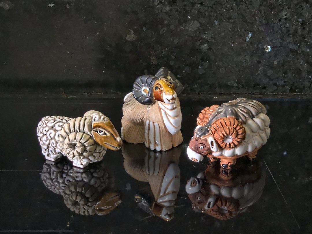 Lot of Three Ram Sheep Longhorn Handcrafted Art Pottery Figurines. One ...