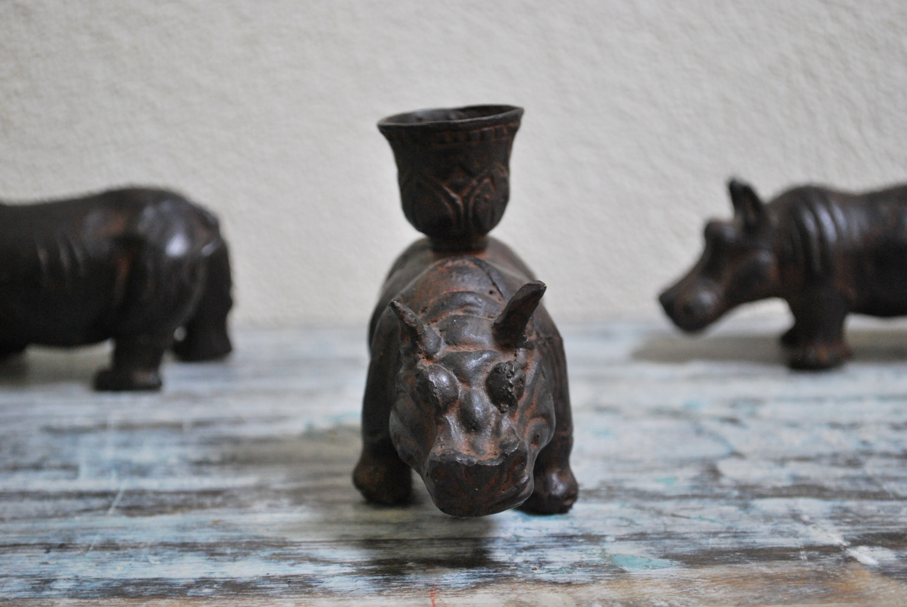 Art & Collectibles Set of 3 Patinated Bronze Hippo Figurines Figurines ...