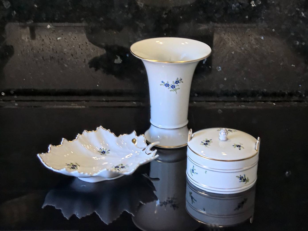 Set of Three Hochst Germany Porcelain Vase, Leaf Dish and Bonbonnière ...