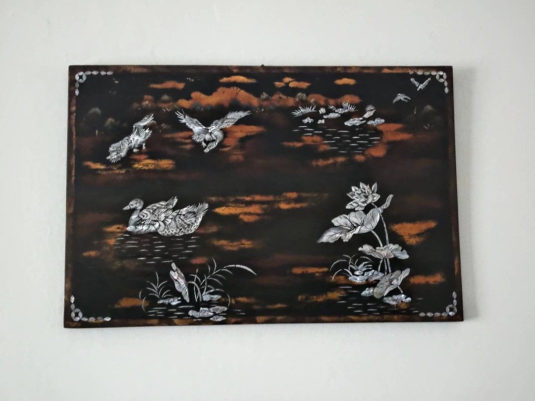 Vintage Large Asian Oriental Lacquer Wall Panel. Black and Brown. Shell ...