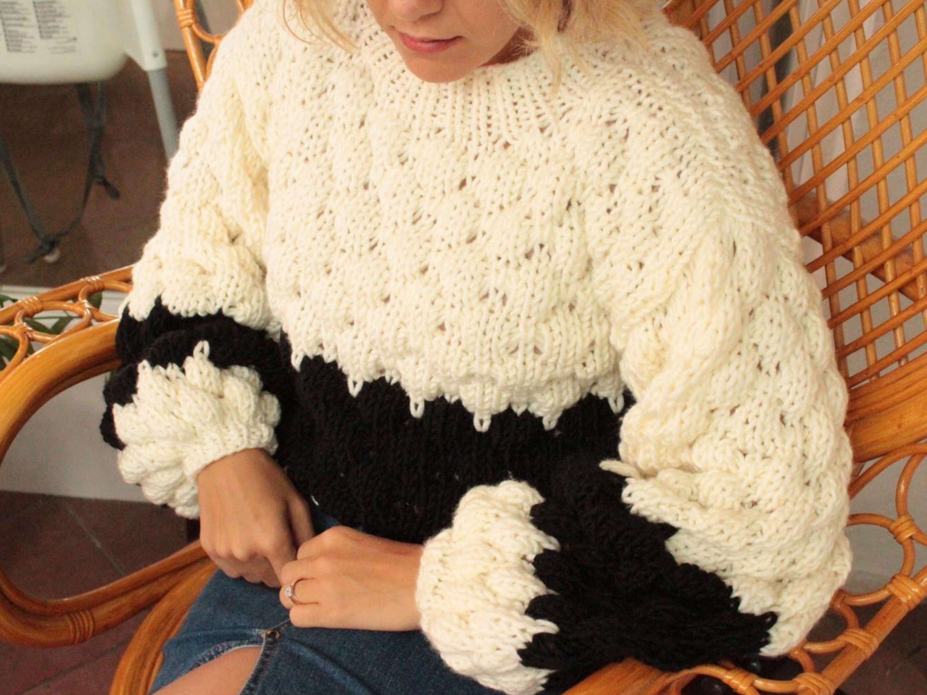 Black and White Wool Jumper Chunky Hand Knit Loose Fit Bubble - Etsy
