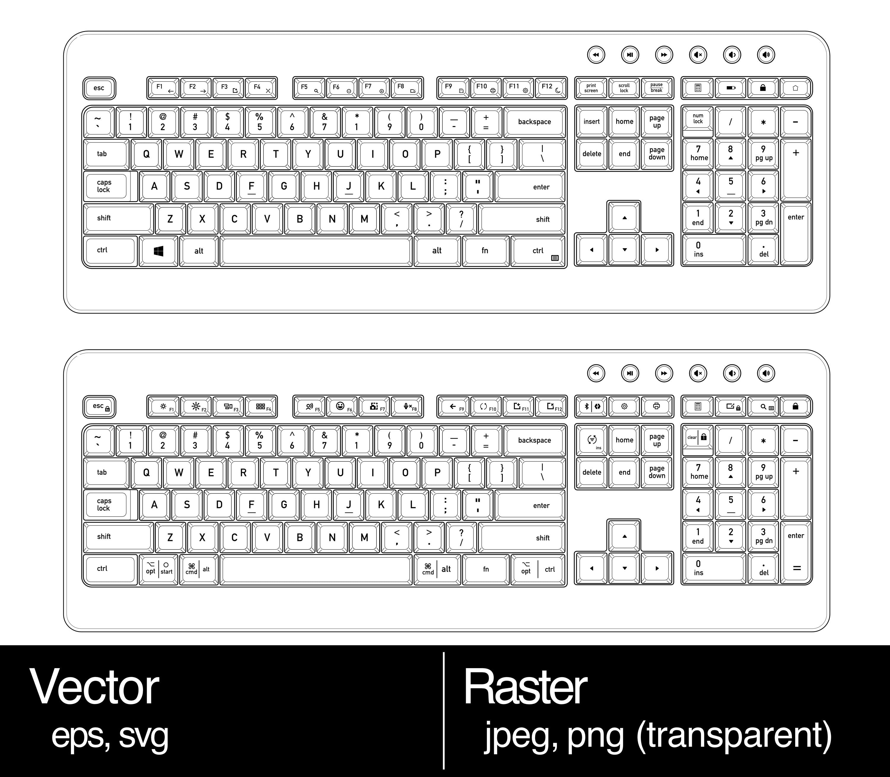 Computer Keyboard Black Line Illustration for Mac and PC Versions - Etsy