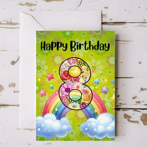 Birthday Greeting Card With Envelope - 8 Years Old - Printable - Floral ...