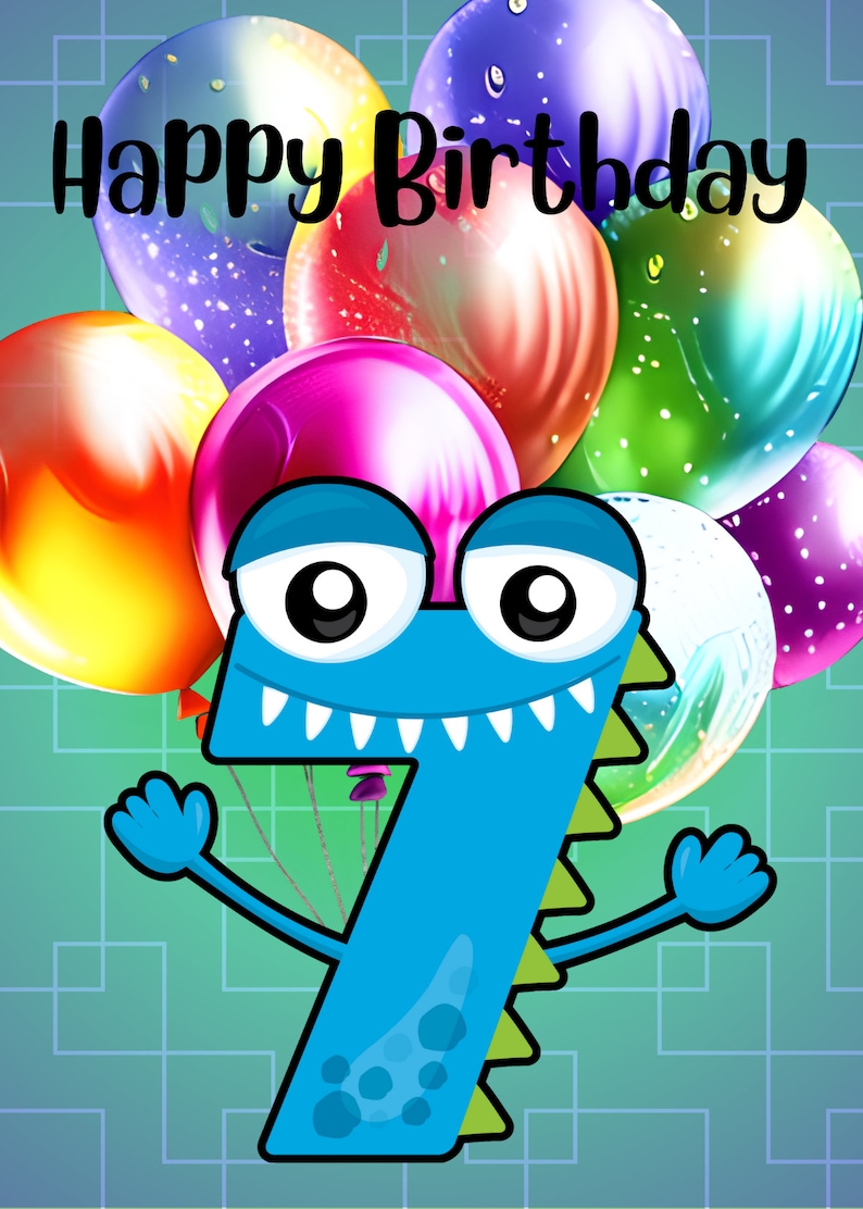 7th Birthday Printable Card: Balloon Kids Birthday Greeting, Party Card ...