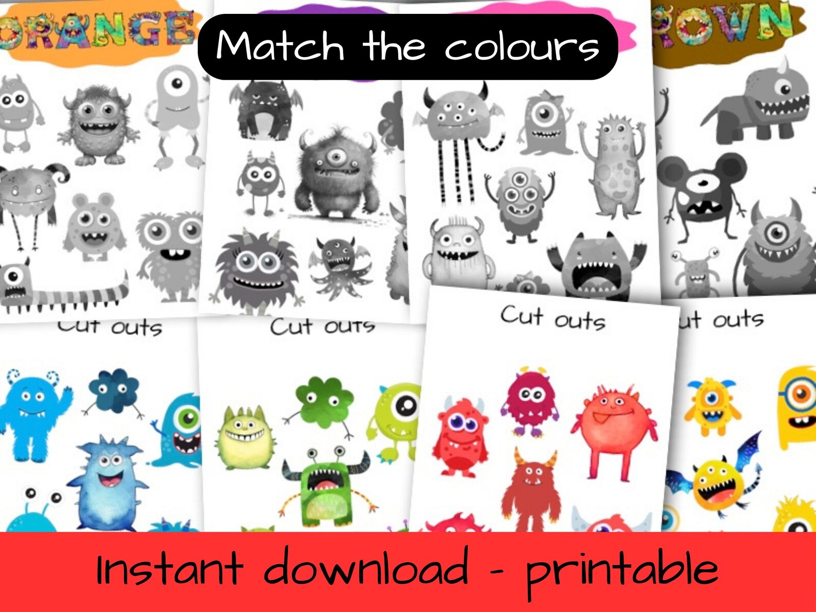 8 X Printable Monster Activity Sheets / Busy Book - Match the Colours ...