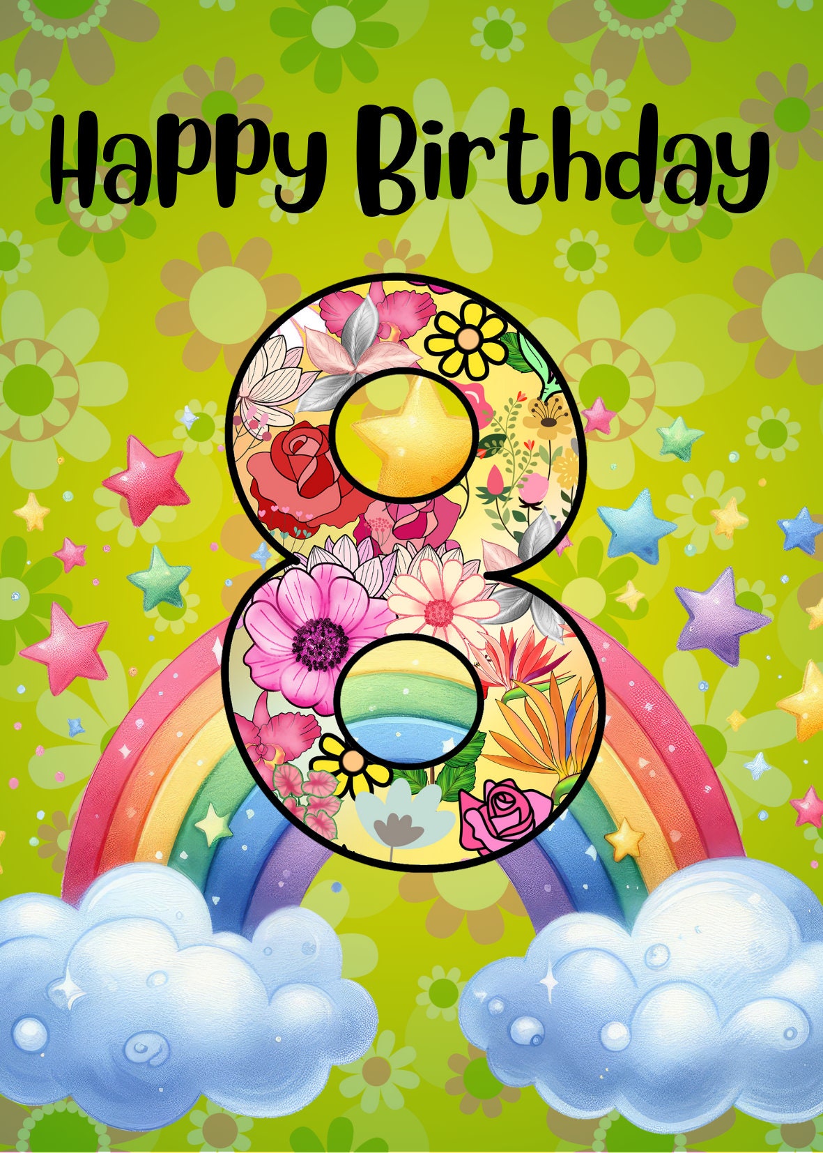 Birthday Greeting Card With Envelope - 8 Years Old - Printable - Floral ...