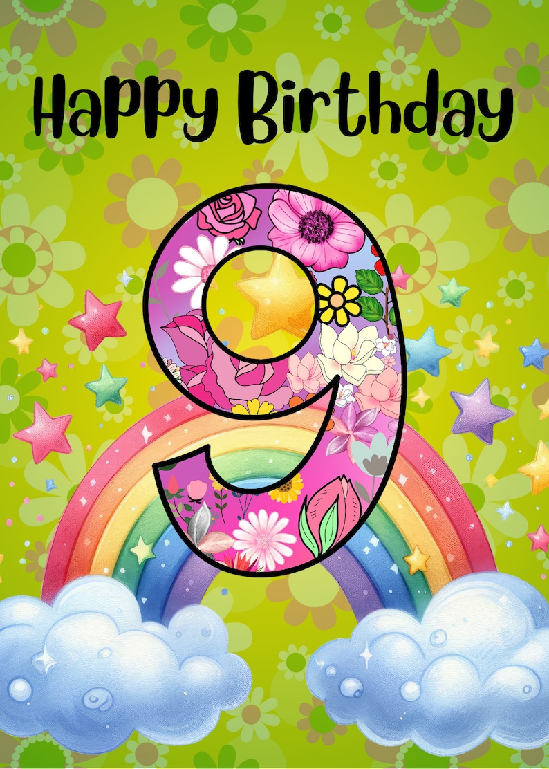Birthday Greeting Card With Envelope - 9 Years Old - Printable - Floral ...