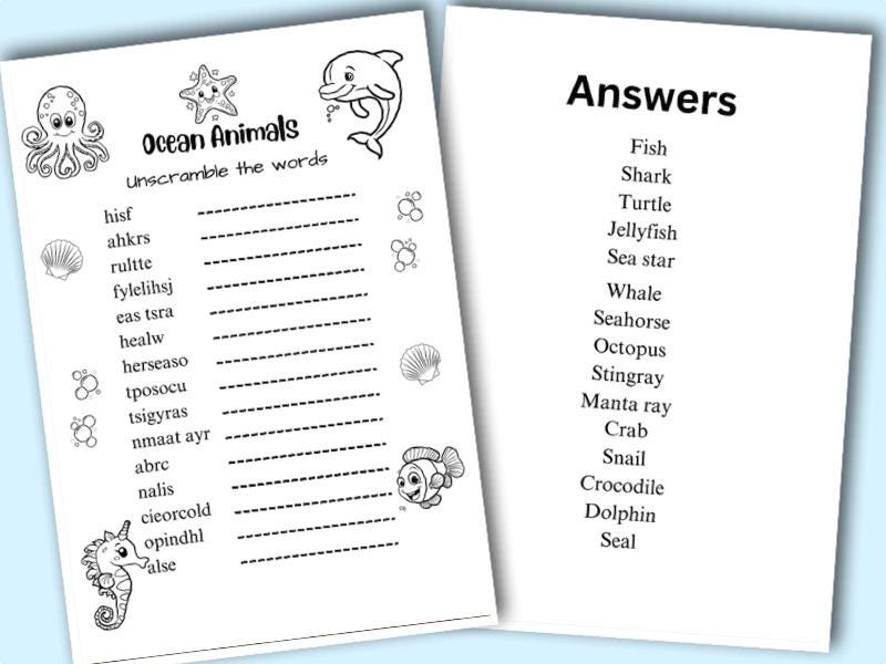 Printable Ocean Animals Colouring in Word Scramble - Activity Sheets ...