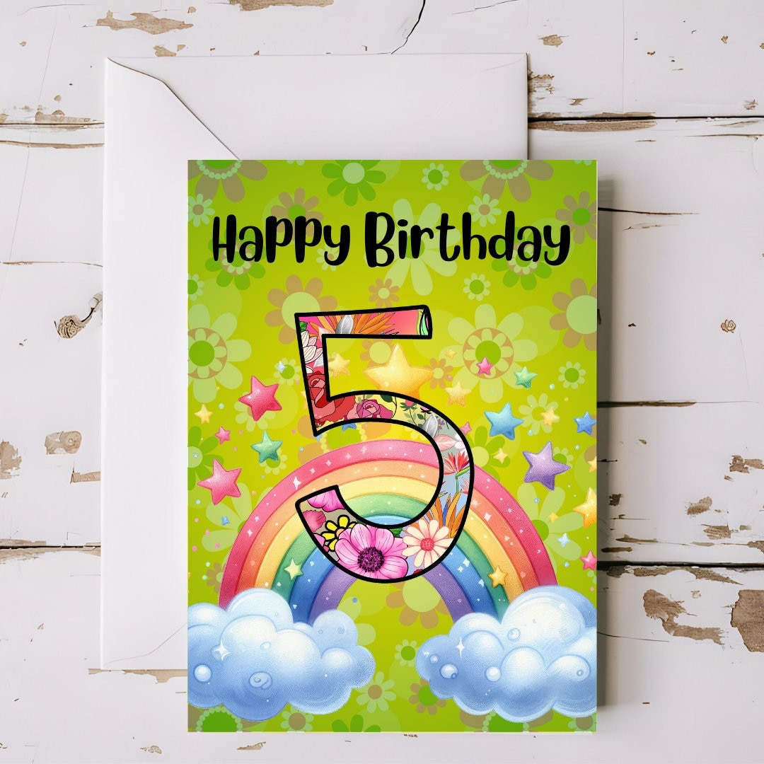 Birthday Greeting Card With Envelope - 5 Years Old - Printable - Floral ...