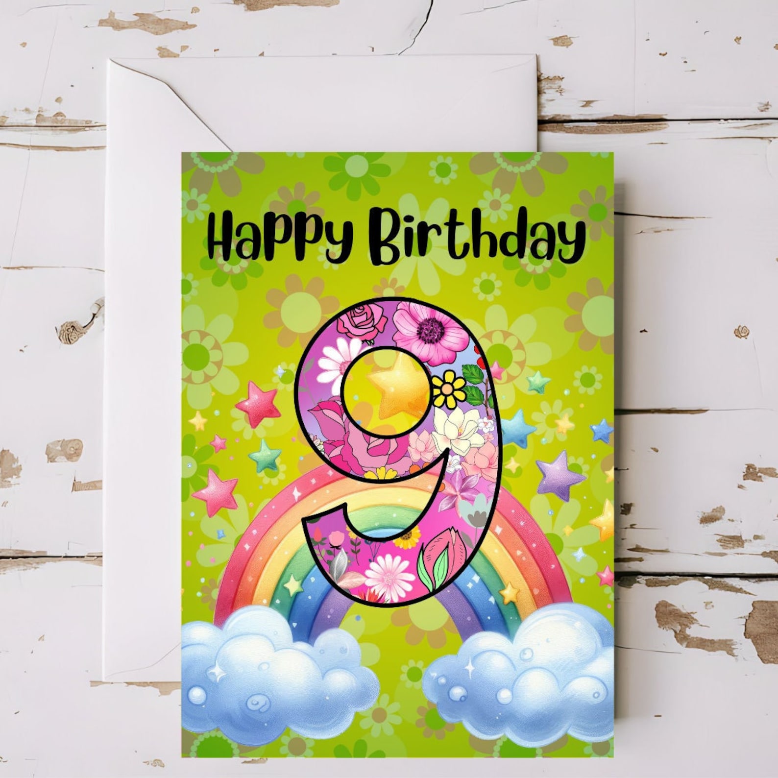 Birthday Greeting Card With Envelope - 9 Years Old - Printable - Floral ...