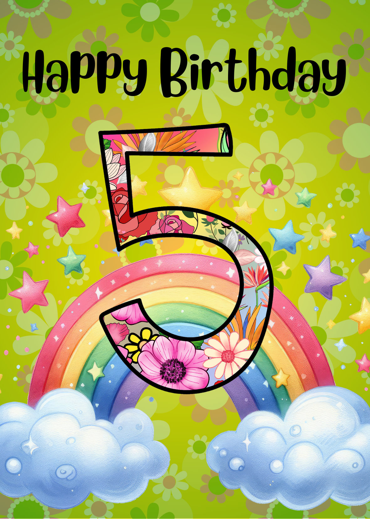 Birthday Greeting Card With Envelope - 5 Years Old - Printable - Floral ...