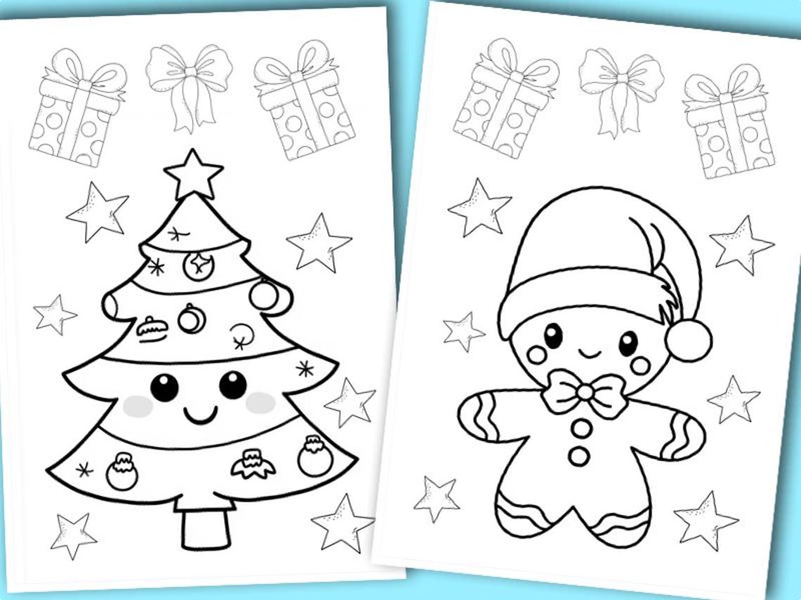 8 Printable Colouring in Pages Christmas Santa, Angel, Snowman, Tree ...