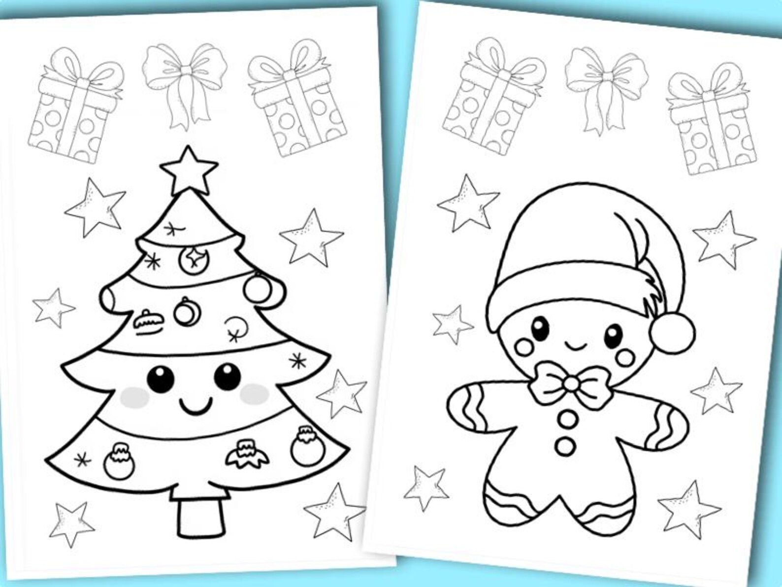 8 Printable Colouring in Pages Christmas Santa, Angel, Snowman, Tree ...
