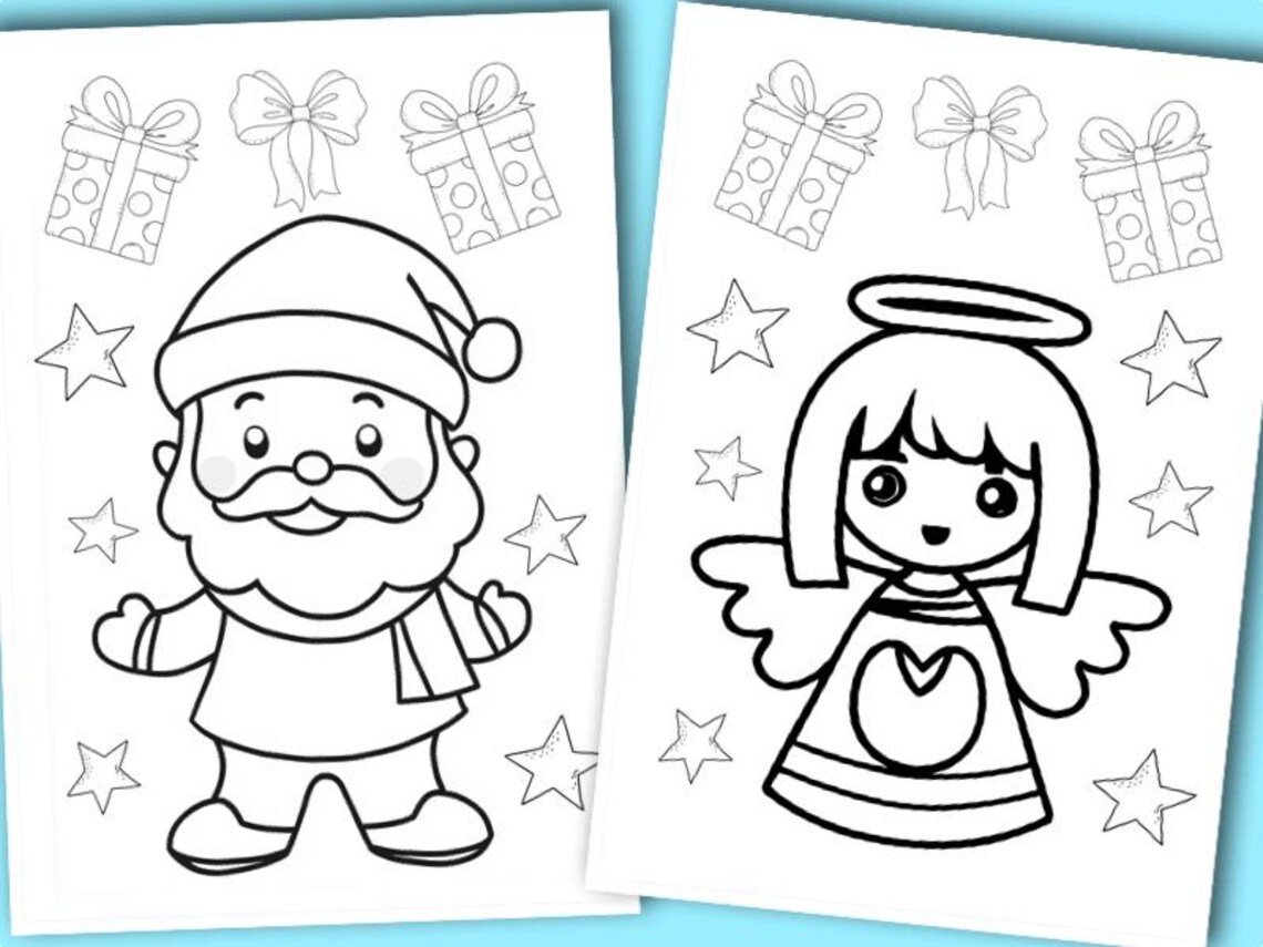 8 Printable Colouring in Pages Christmas Santa, Angel, Snowman, Tree ...