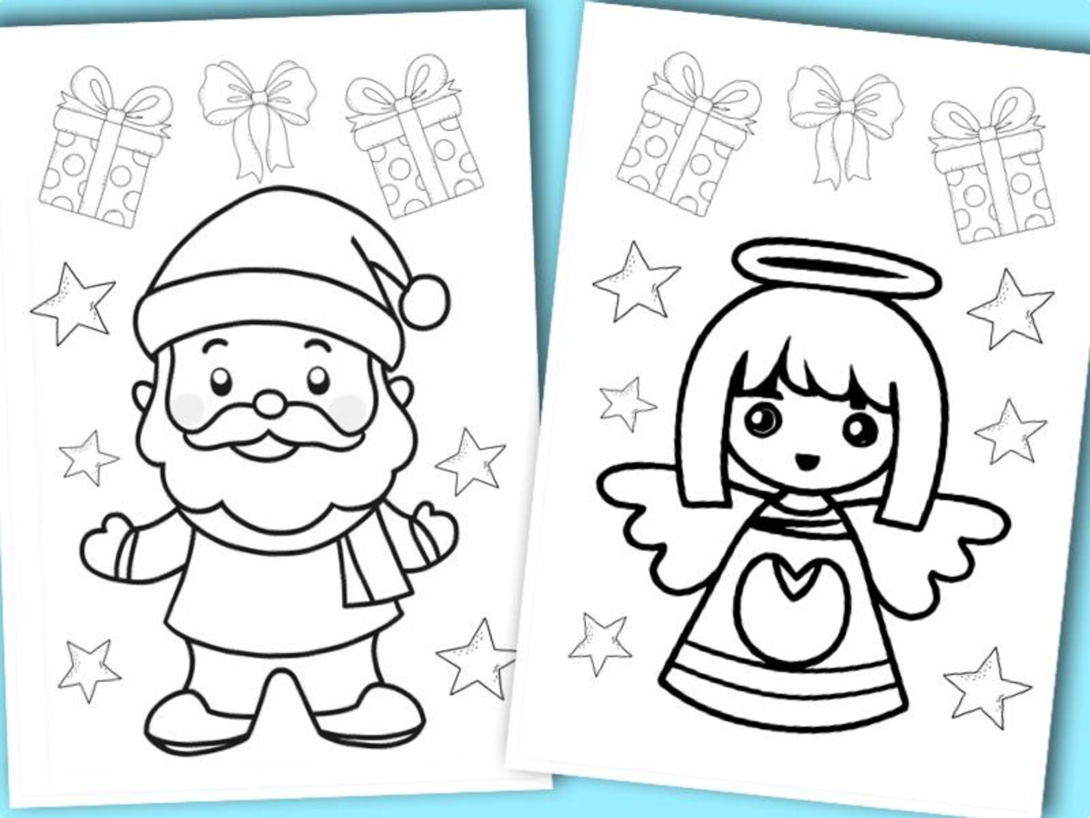 8 Printable Colouring in Pages Christmas Santa, Angel, Snowman, Tree ...