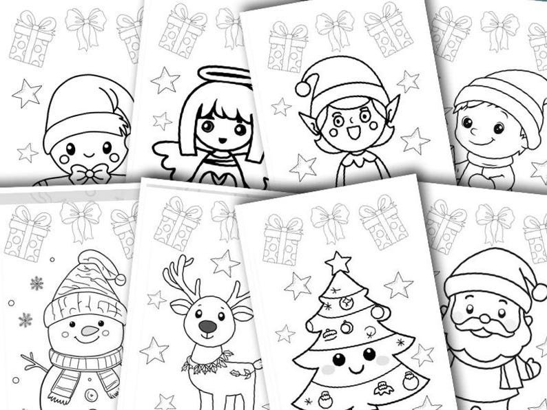 8 Printable Colouring in Pages Christmas Santa, Angel, Snowman, Tree ...