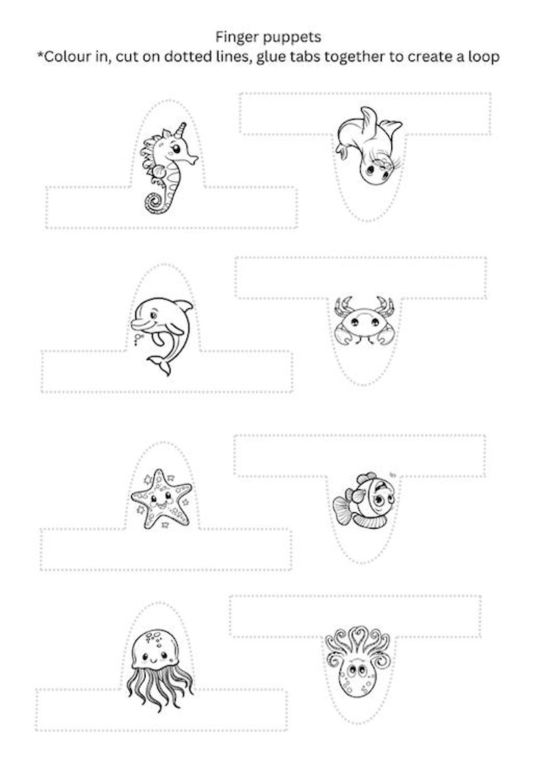 Printable Ocean Animals Finger Puppets Colouring Pretend Play Craft ...