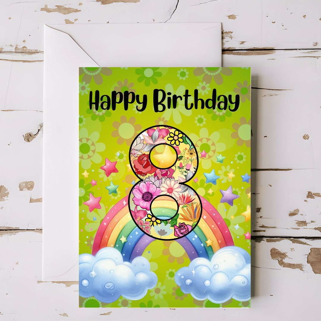Birthday Greeting Card With Envelope - 8 Years Old - Printable - Floral ...