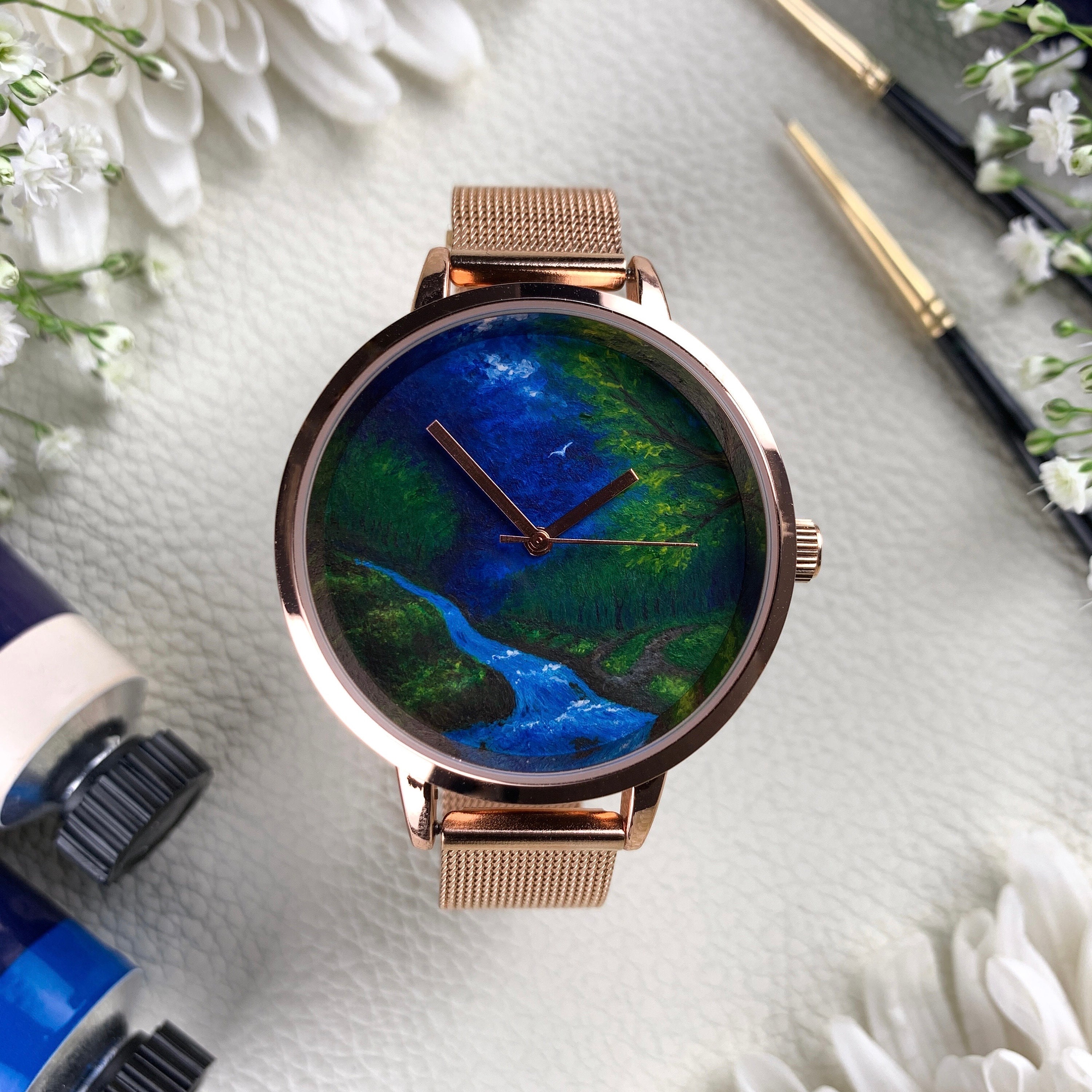 Unique Hand Painted Ladies Watch Mesh Wristwatch Rose Gold - Etsy