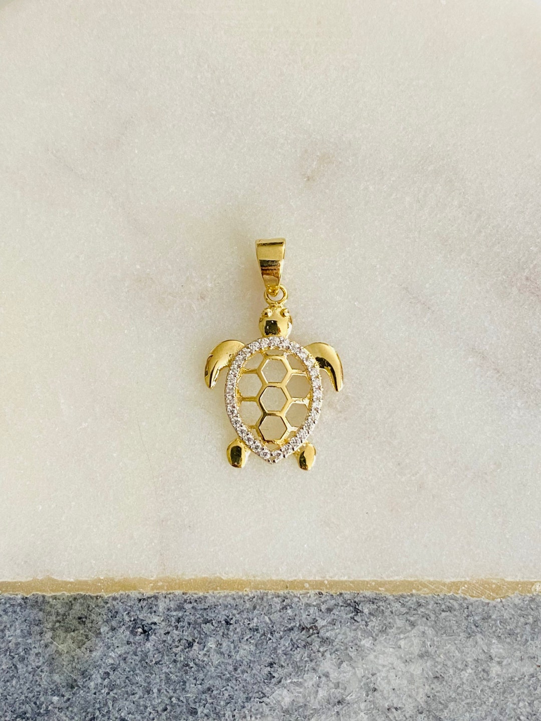 14K Solid Gold Sea Turtle 23mm / 0.9 Pendant, Small Cz Open Back Turtle ...